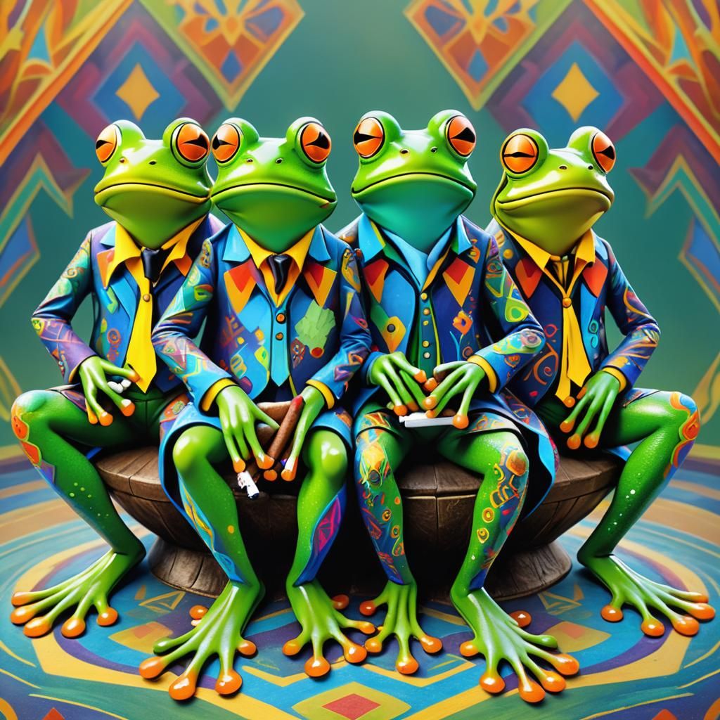 image is a vibrant and surreal artwork featuring three anthropomorphic ...