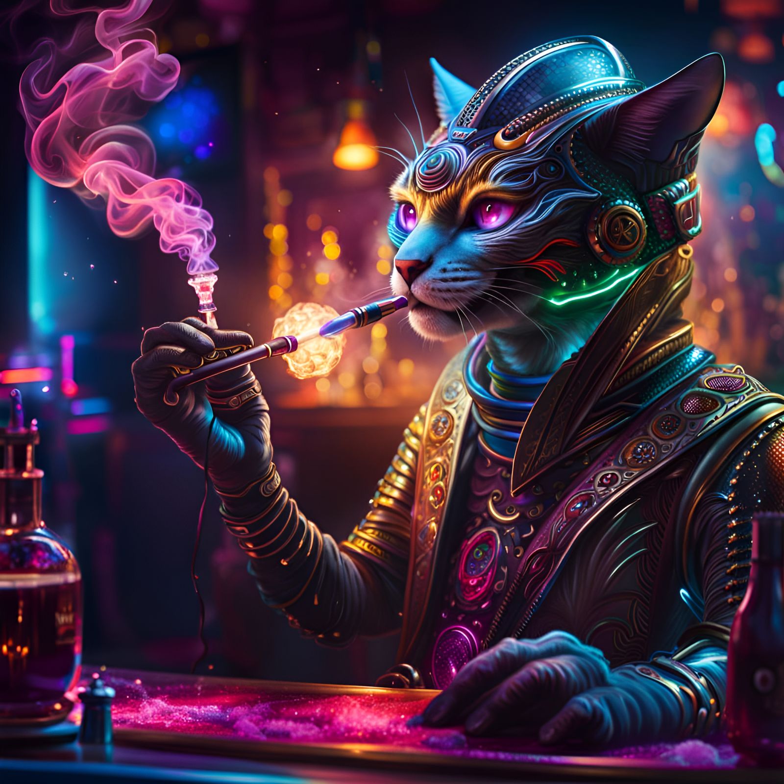 Cosmic alien cat being smoking a Quantum laser hookah Hyperrealistic ...