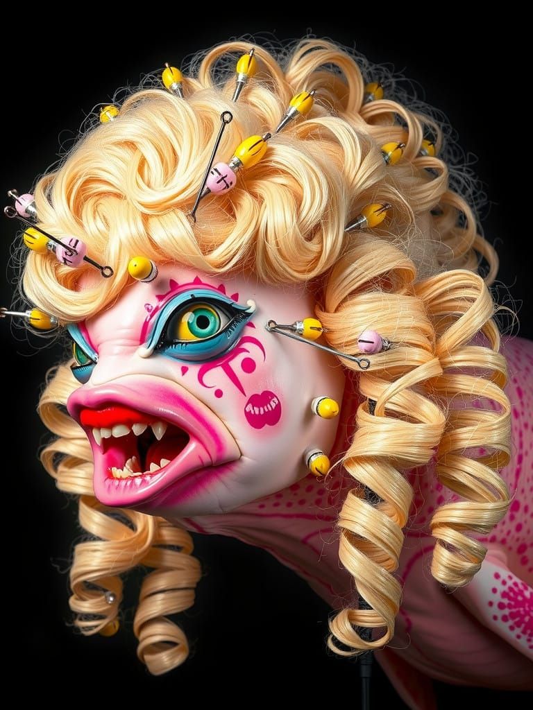 a gigantic anglerfish with lures on its head adorned in flashy, vibrant 1980s-inspired makeup ...