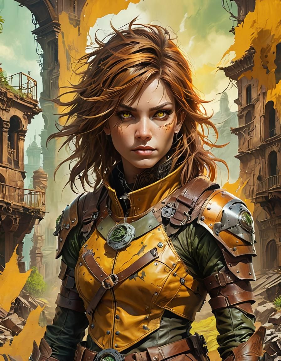 portrait of a thin, tired adventurer with disheveled hair wears a old ...