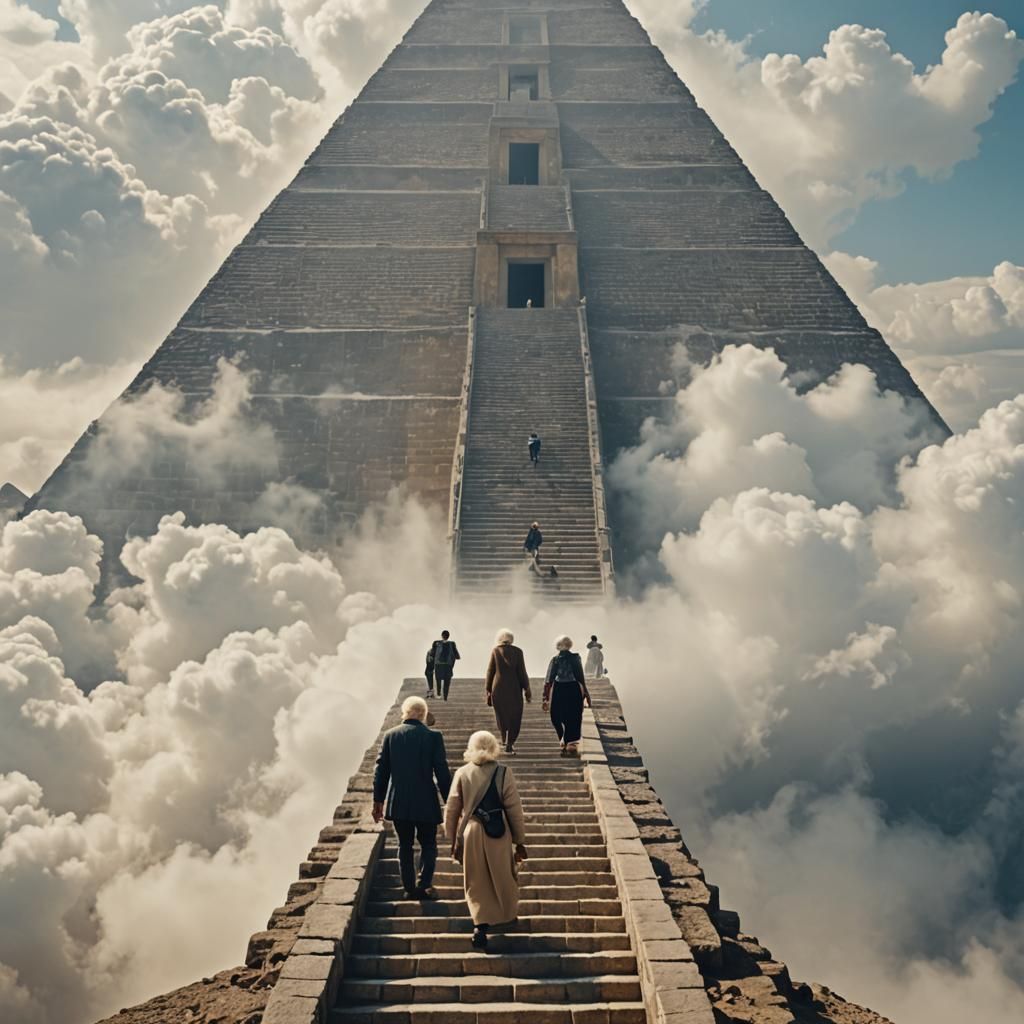 Couple Ascends Cloudy Pyramid in Mysterious Stairw... - AI Art