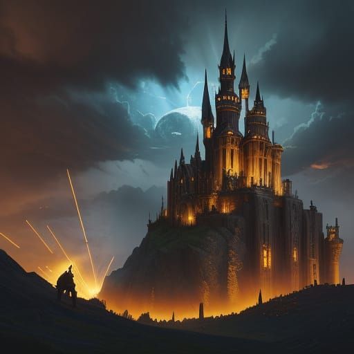 Ethereal Castle Amidst Golden Hour Sky - AI Art