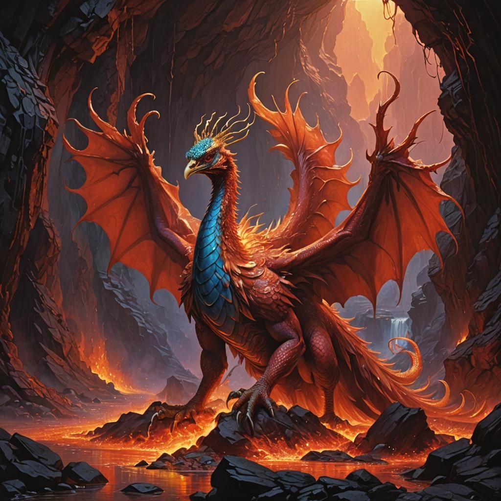 flaming hybrid peacock red dragon in a glittering cavern, river of lava ...