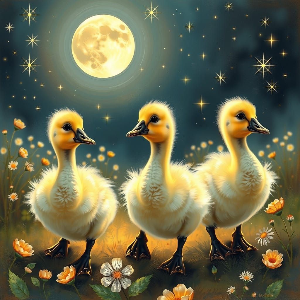 The Gosling Gang.. - Whimsical Moonlit Farm Scene with Fluff...