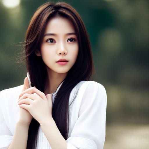 Young Korean Girl Pure And Beautiful Black Long Hair White Clothes Portrait Ultra High