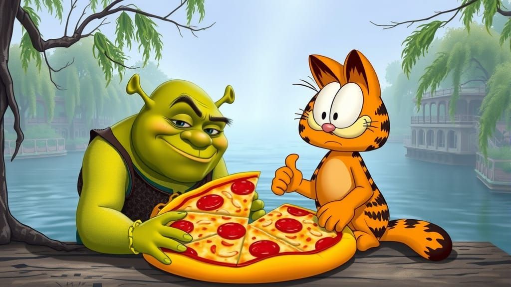 Shrek and Garfield Enjoy Pizza on the Mississippi ... - AI Art