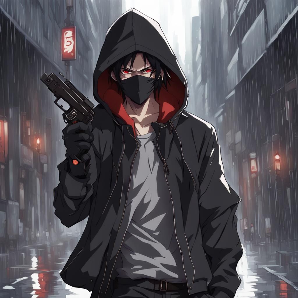 Anime, human male outside in the rain, black jacket with hoodie over ...