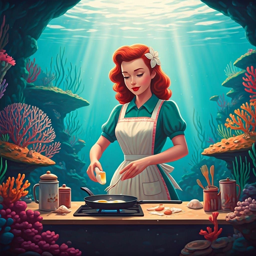 Whimsical Underwater Kitchen Scene with Mermaid Ho... - AI Art