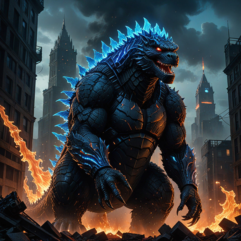 Godzilla Reigns Supreme in Neon-Lit Metropolis - AI Art