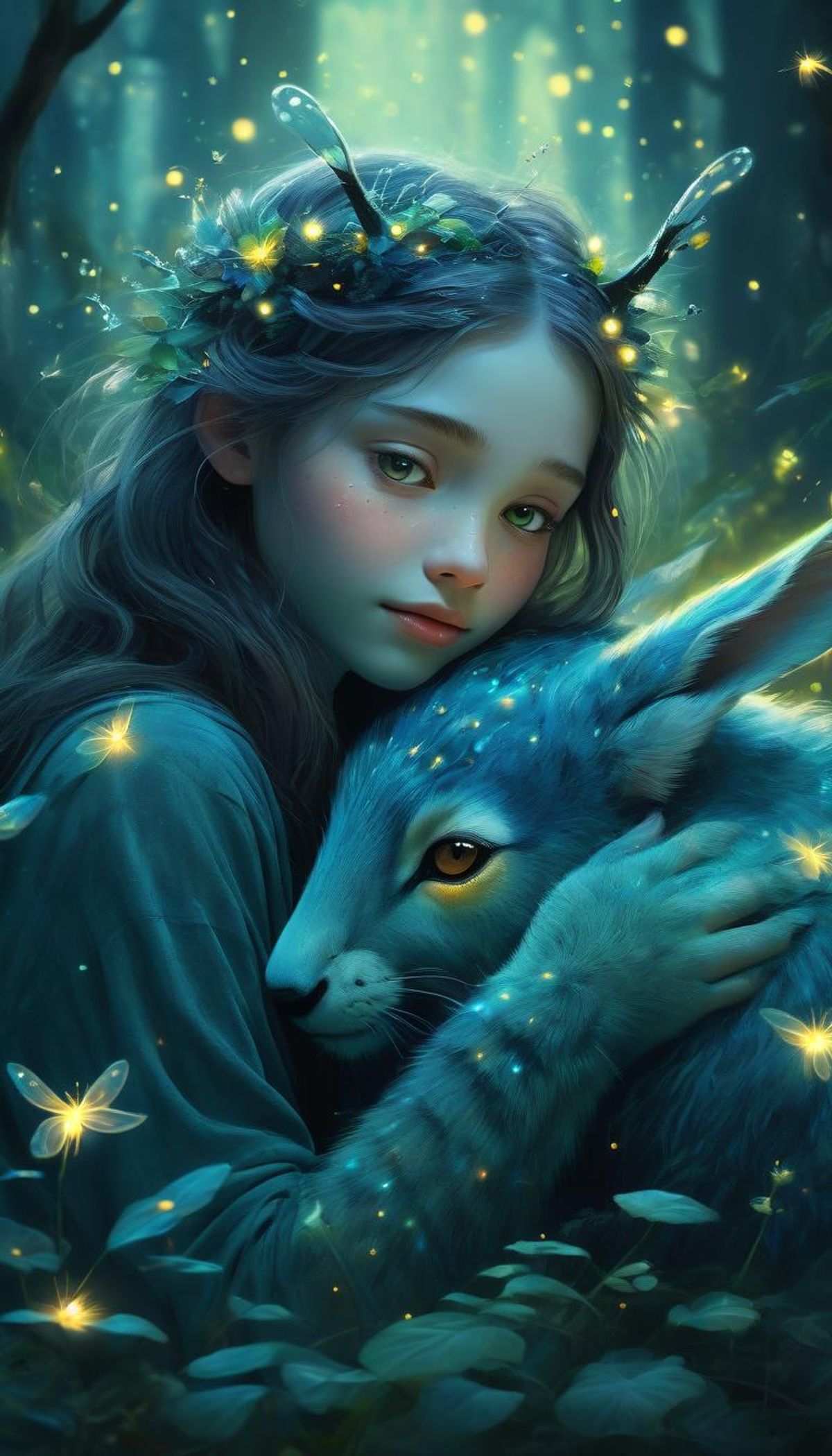 Mythical creature snuggling with delicate, luminescent fireflies in ...