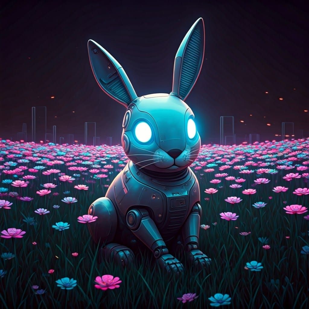 Futuristic Robotic Bunny Amidst Glowing Digital Wi... - AI Art