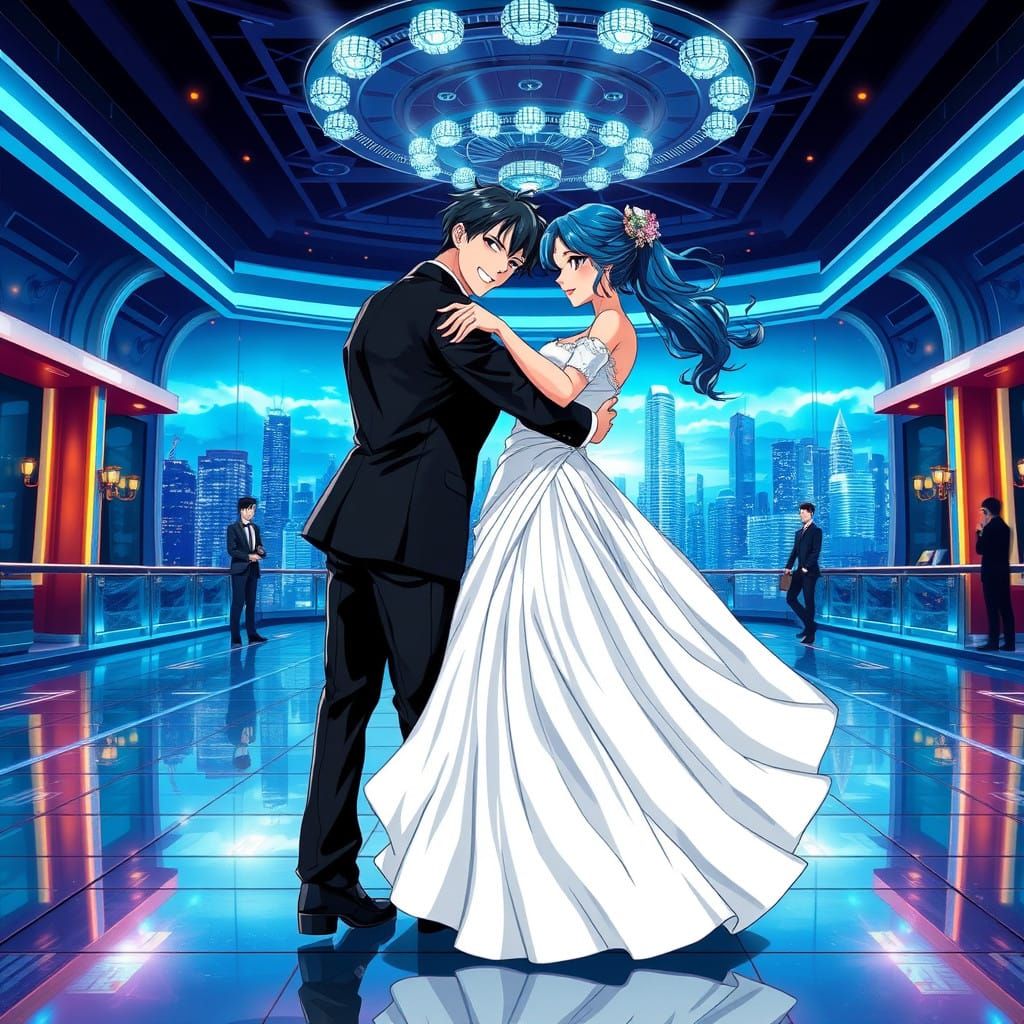 Dashing Man Dances with Android Bride in Vibrant A... - AI Art