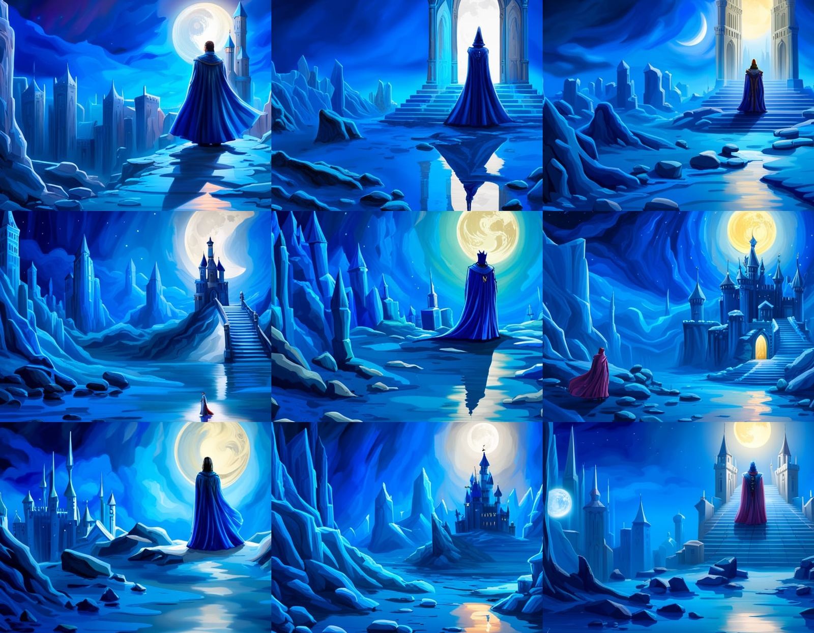 Blue ice cosmic mage with a cosmic cape, starring at the crescent moon ...