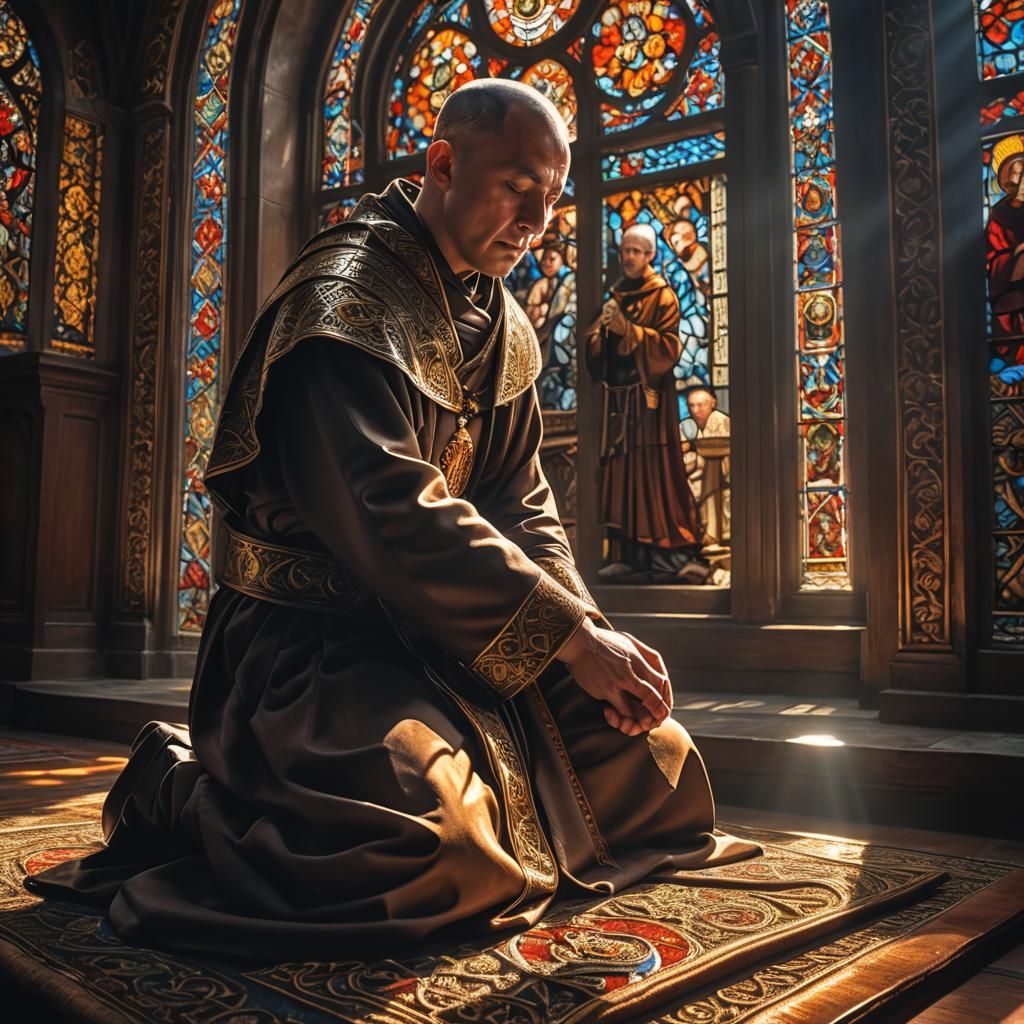 rays of sunlight stream from a stained glass window towards a tonsured ...