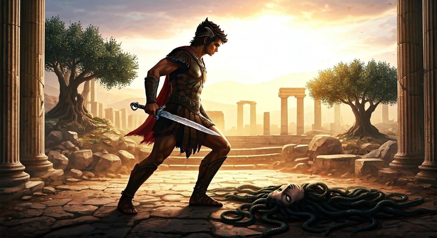 Perseus Triumphs Over Medusa with Adamantine Sword - AI Art