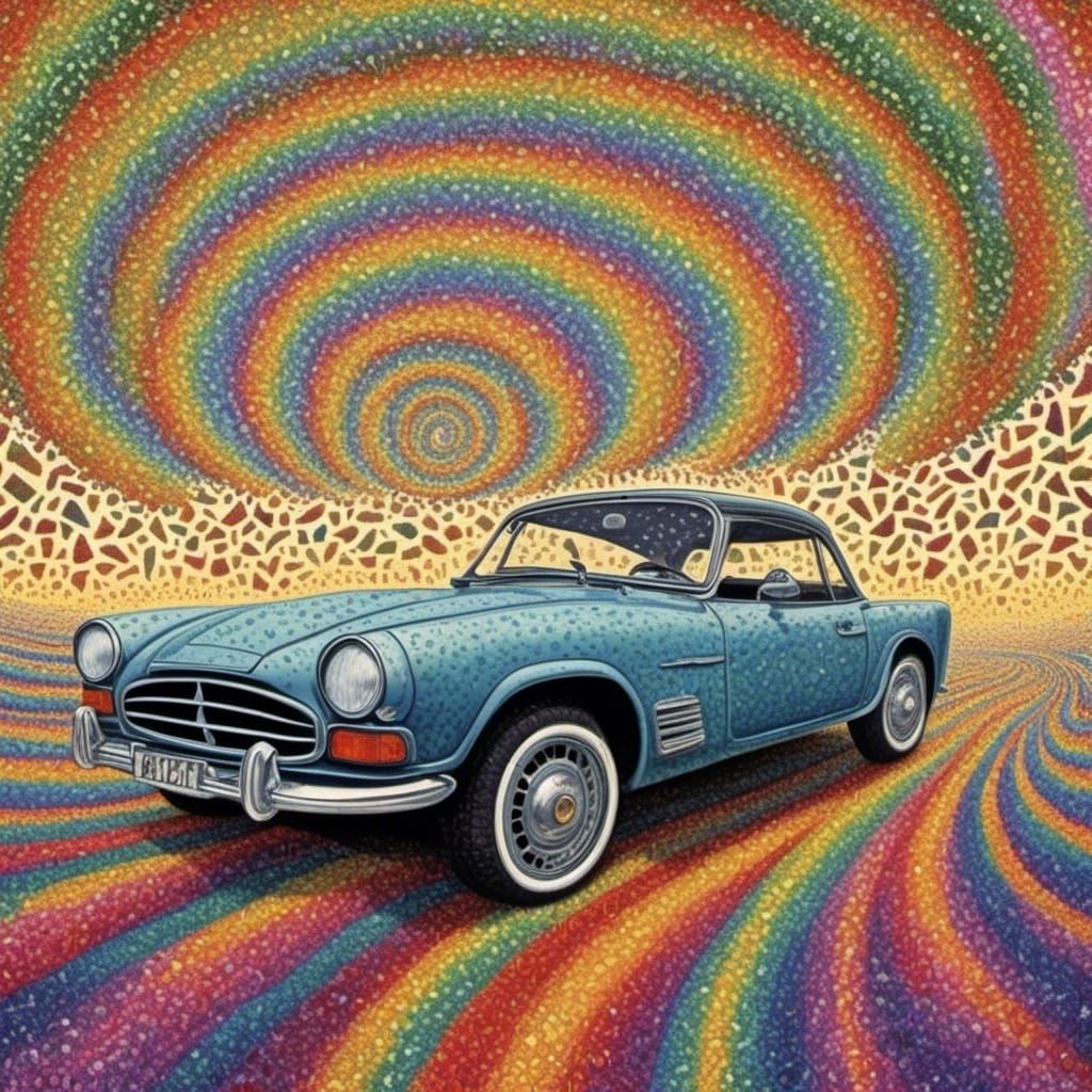Storybook illustration of a car driving on a rainbow kinetic ...