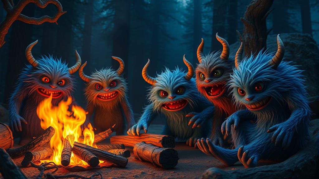Fuzzy Monsters Gather Around a Cozy Campfire in Fa... - AI Art
