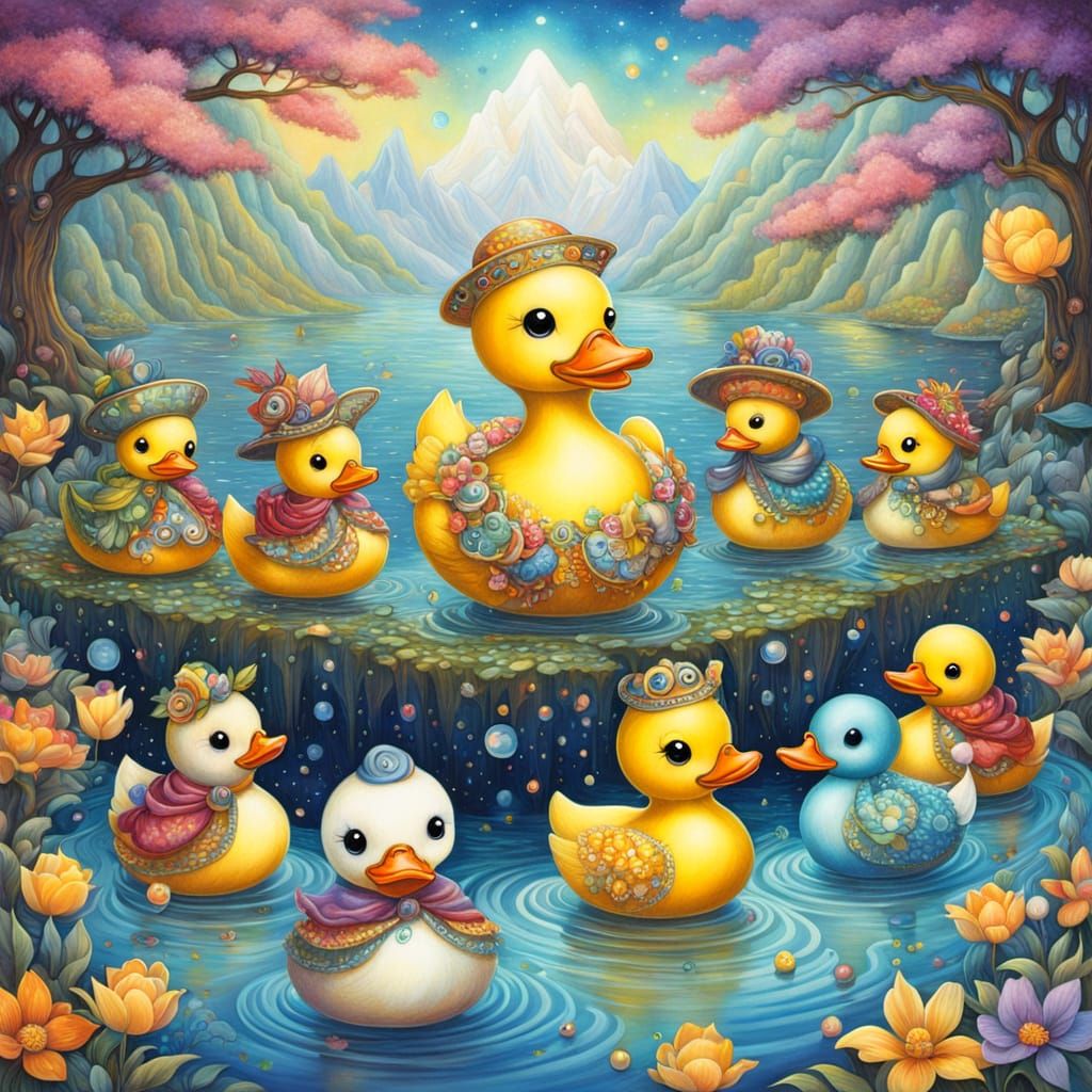 Chibi style rubber duck parade with unique costume... - AI Art