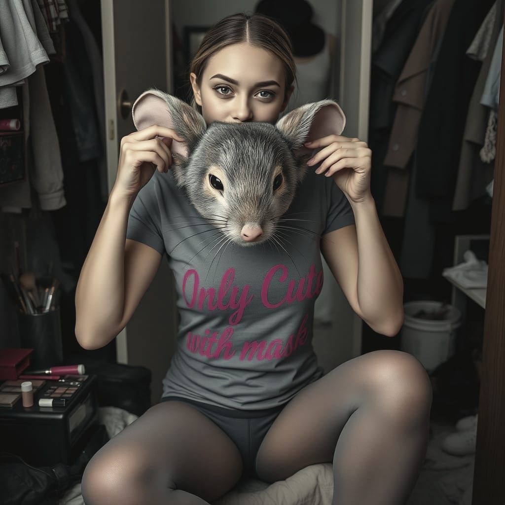 Woman showing in her dressing room her full face mouse mask