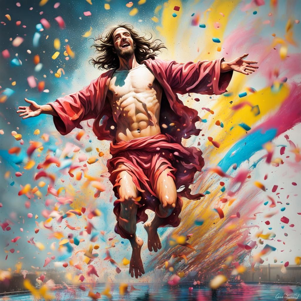 JESUS JUMPING INTO POOL OF SWIRLING CONFETTI IN WATER - AI Generated ...