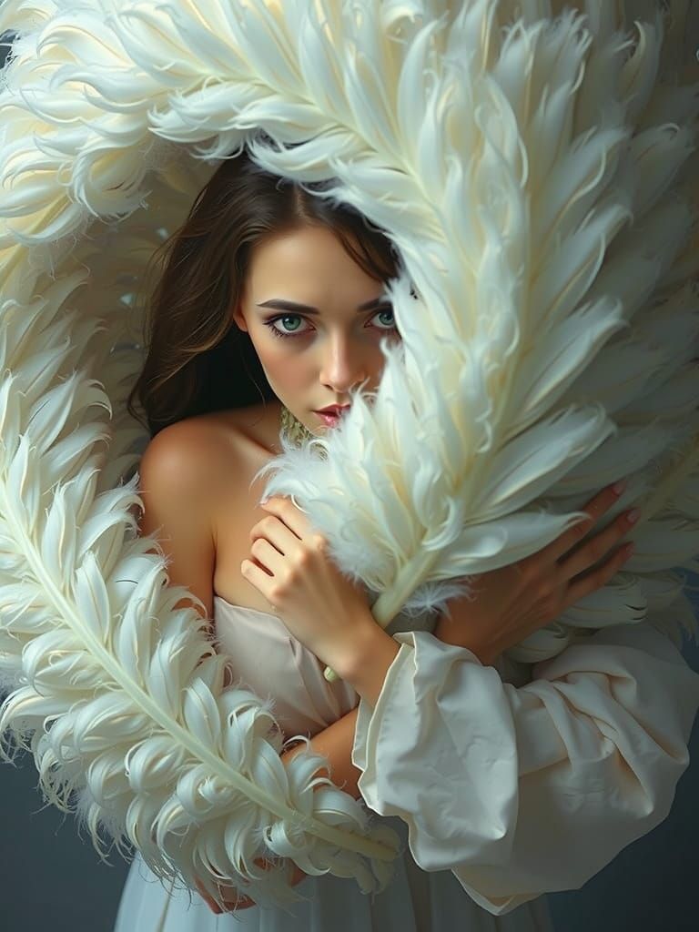 Woman Trapped in a Giant Feather Cocoon - AI Art