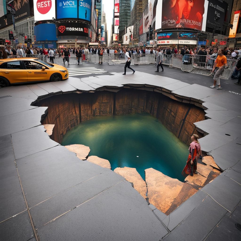 In the heart of Times Square, sidewalk art unveils a realistic sinkhole ...