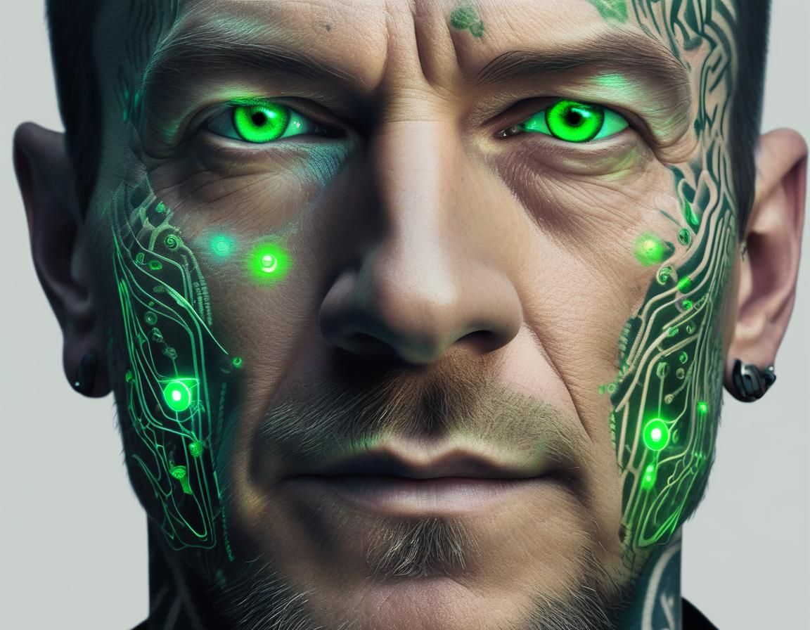 Portrait of a man with bio-modified features including glowing green ...