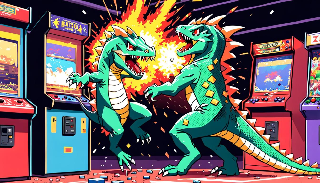 PIXEL Art of a Video Game Monster Lizard exploding through an arcade ...