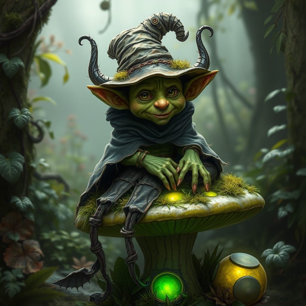 Whimsical Green Imp in Enchanted Forest - AI Art