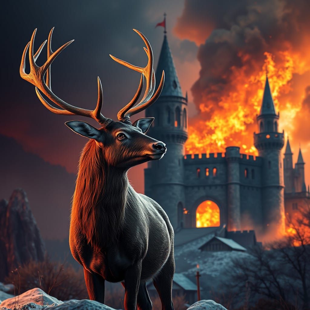 a deer in front of a medieval castle