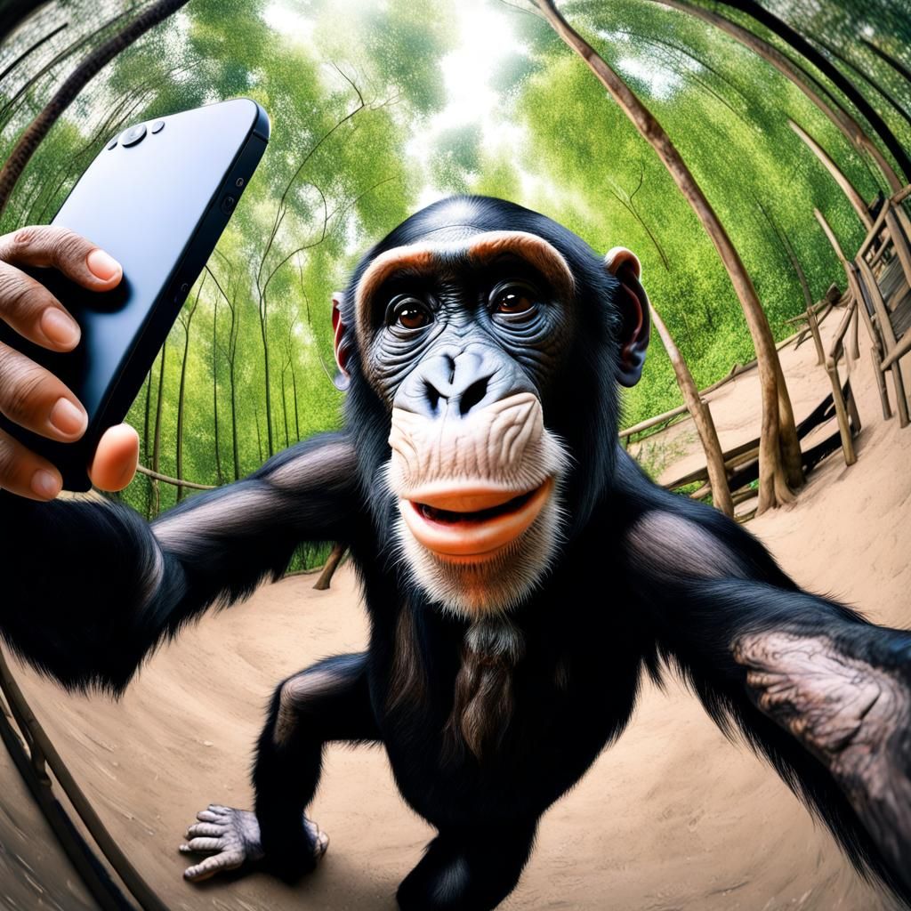Young chimpanzee taking a selfie - AI Generated Artwork - NightCafe Creator