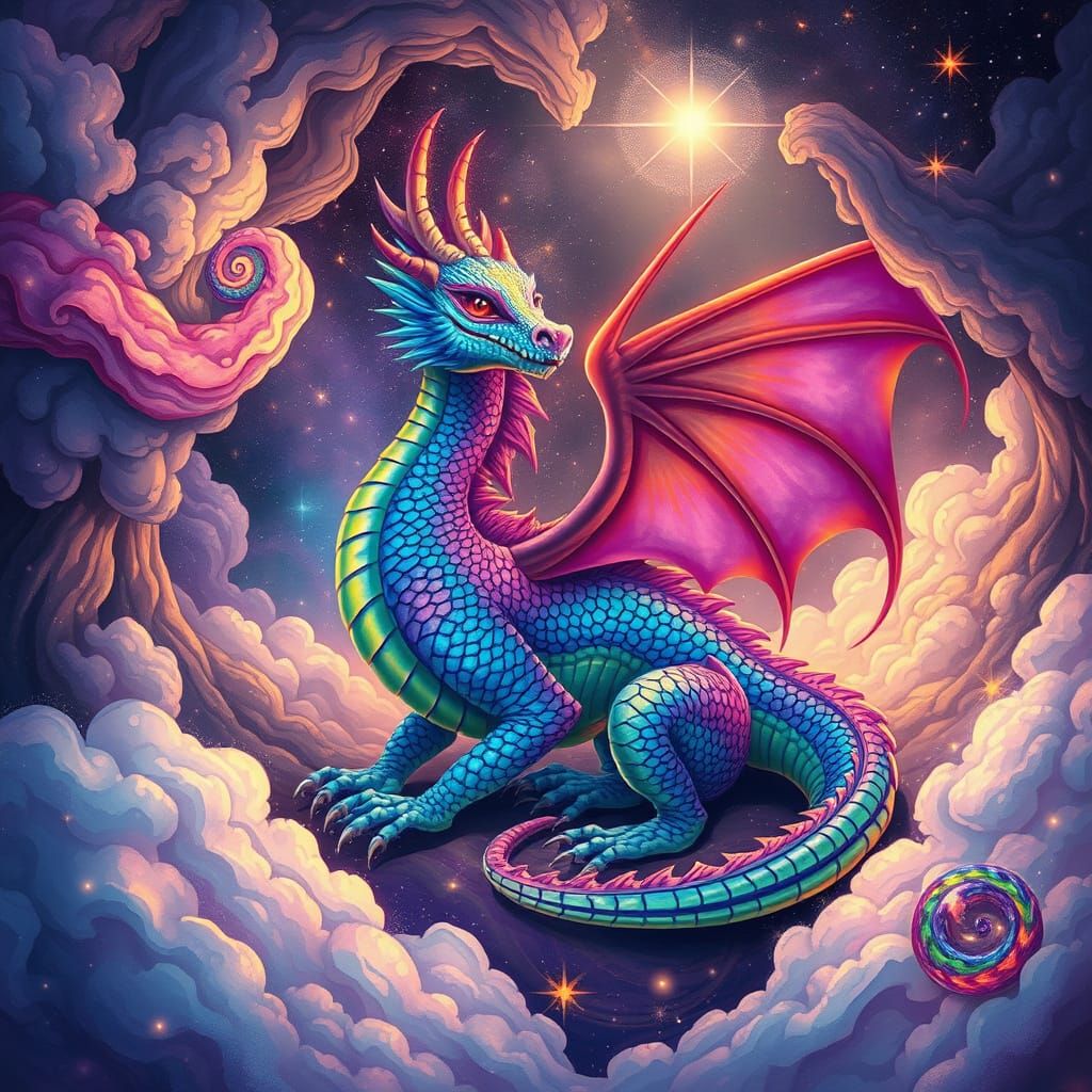 Rainbow Dragon Den - Mystical Rainbow Dragon in Cosmic Den