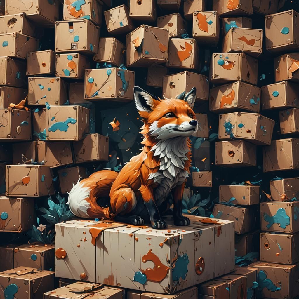 stunning image of a cute adorable wacky fox sitting on a box, moody, grainy, noisy, concept art ...