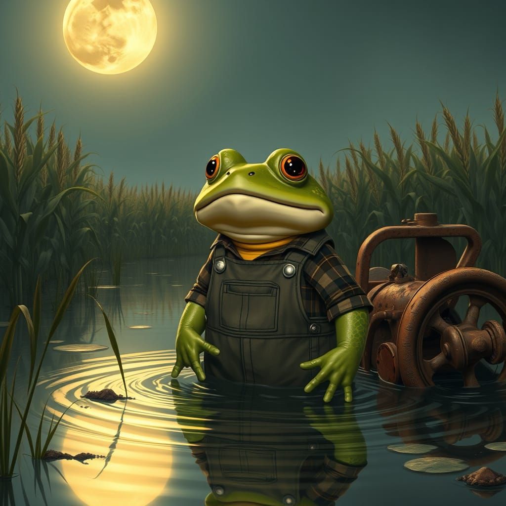 Humanoid Frog Emerges Under Moonlight, Earthy Tone... - AI Art
