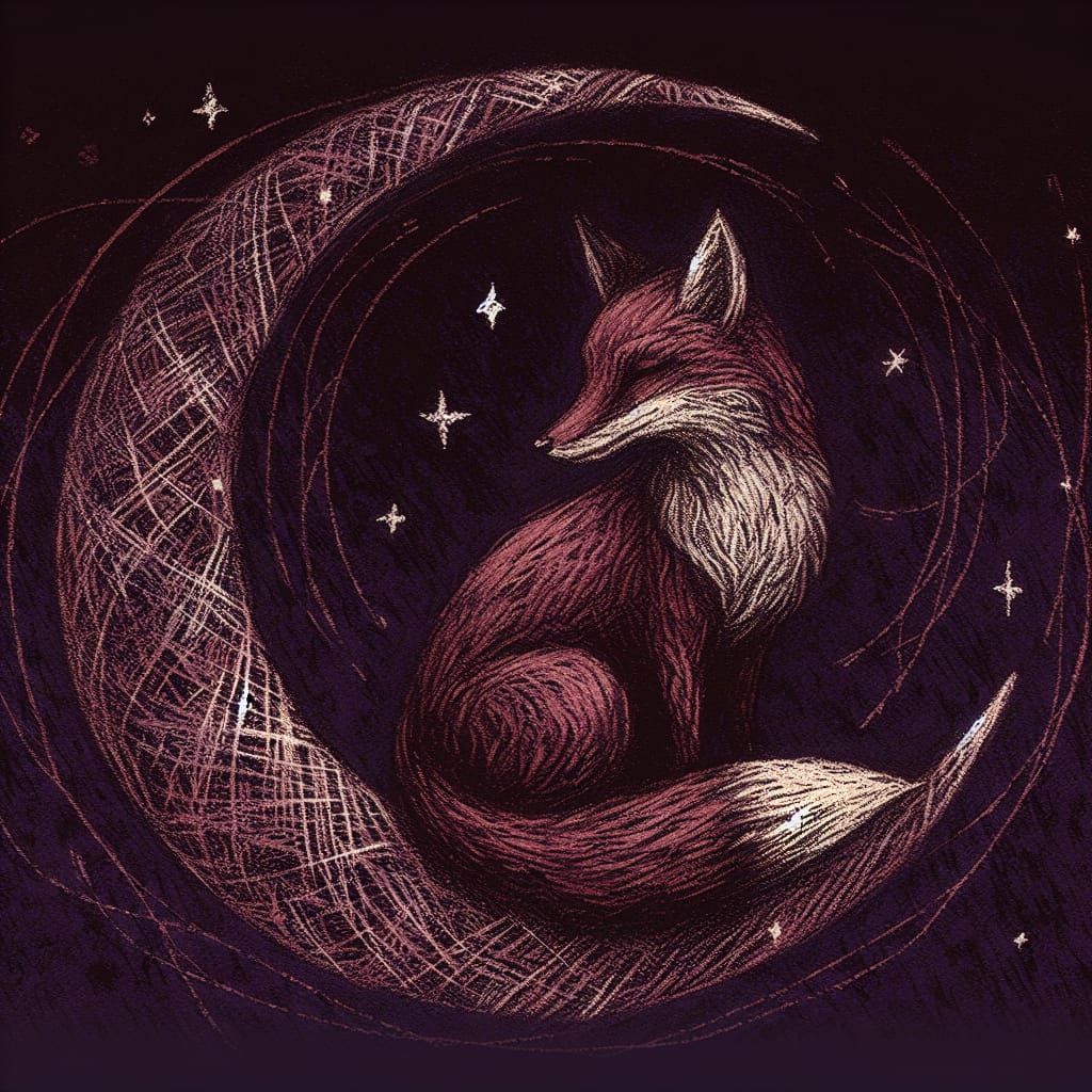 fox - Fantasy Fox Adorns Crescent Moon in Oil Crayon Style