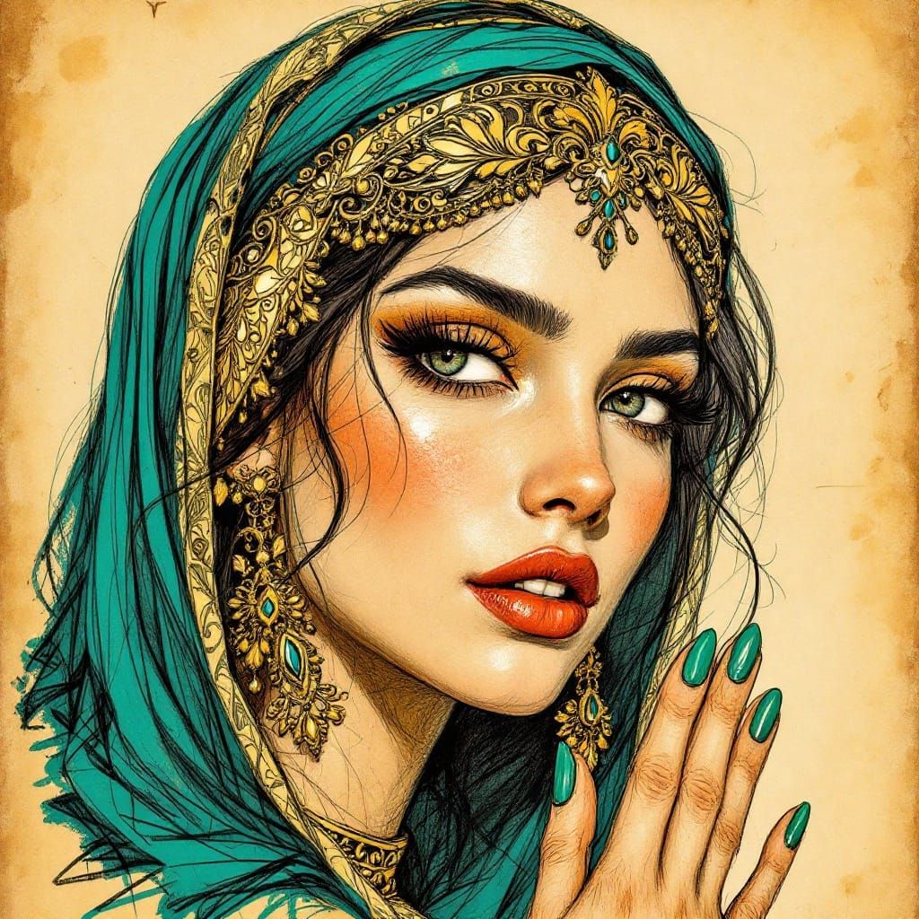 Ancient Persian Princess in Turquoise Veil, Art No... - AI Art