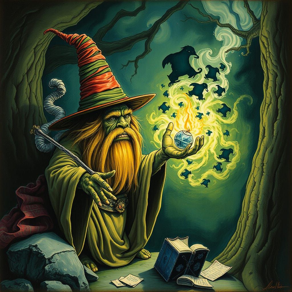 Mythical Troll Wizard Casts Enchanted Spell - AI Art