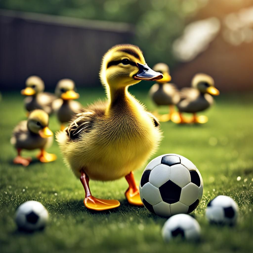Baby duck playing soccer wearing soccer clothes with other ducks ...