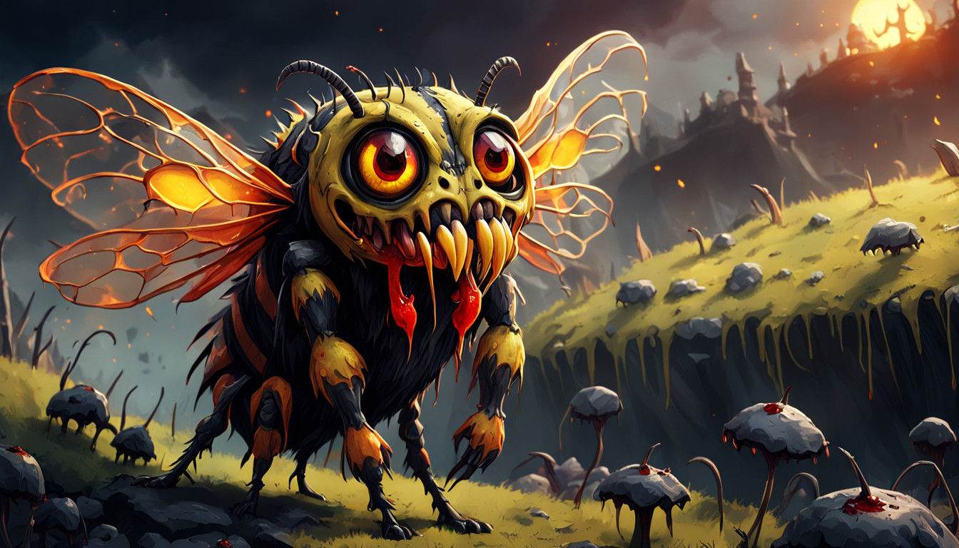 Dark fantasy. Close up. Evil snarling demon bee with glowing fiery eyes ...
