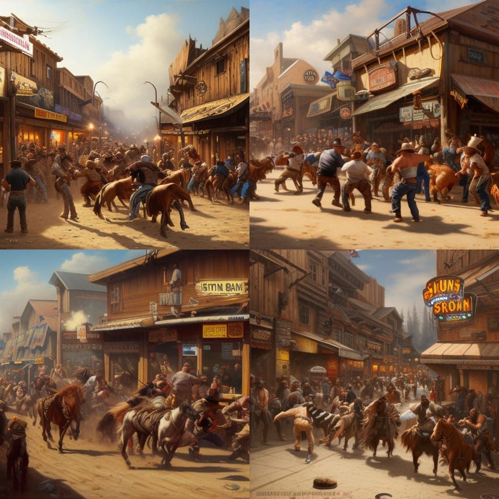 The saloon bar fight spills out into the street - AI Generated Artwork ...