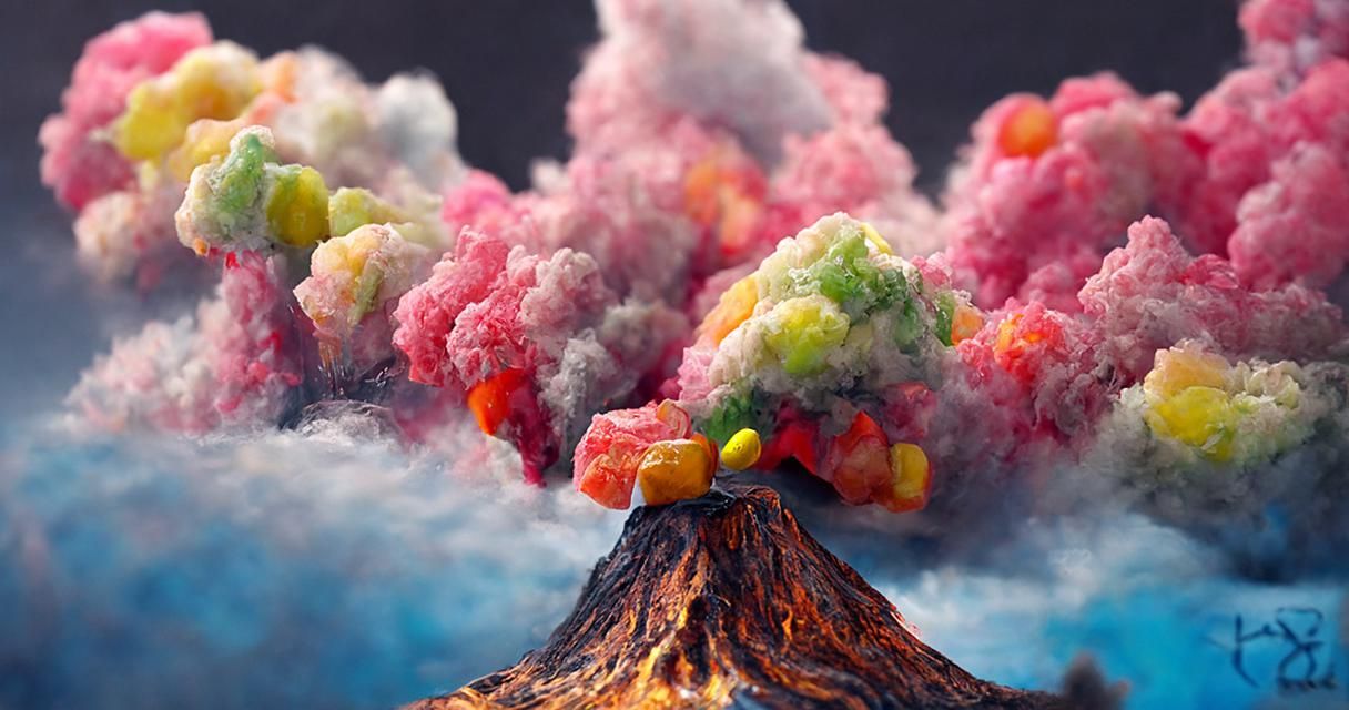 Erupting candy-volcano, hyperrealism, oilsplash, mixed media, pastel ...