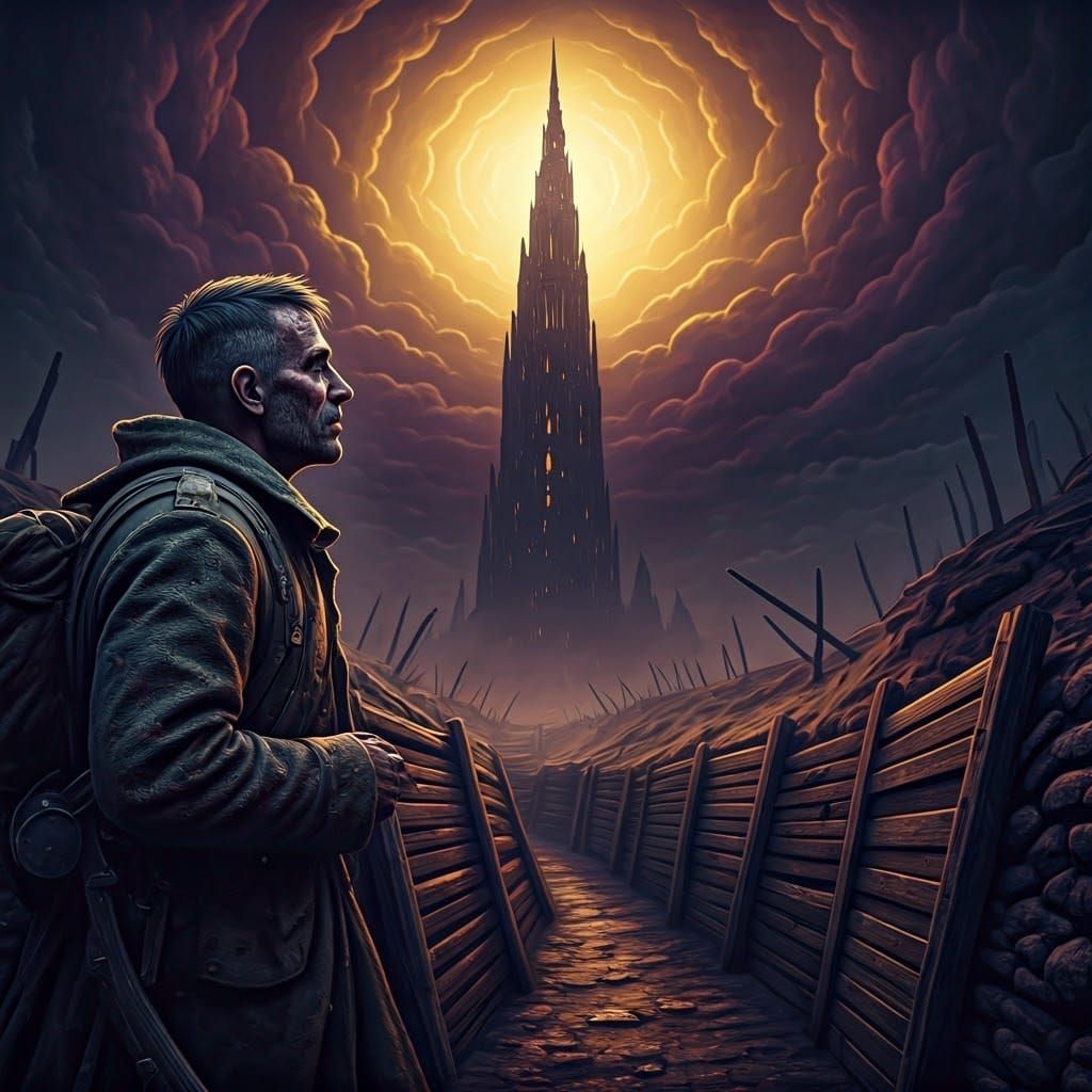 Trench Soldier Contemplates Mysterious Tower in Da... - AI Art