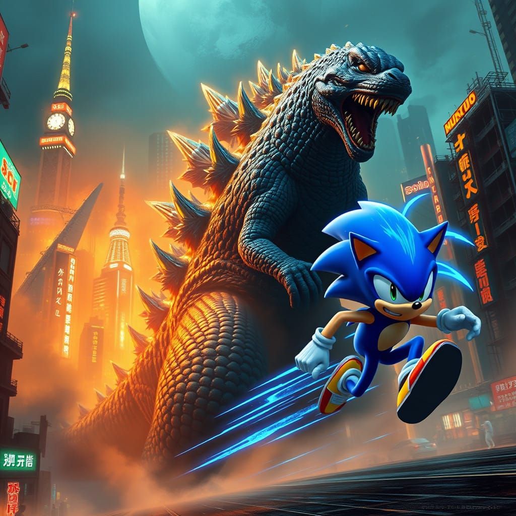 Sonic vs Godzilla - Cyberpunk Tokyo Under Siege by Sonic and...