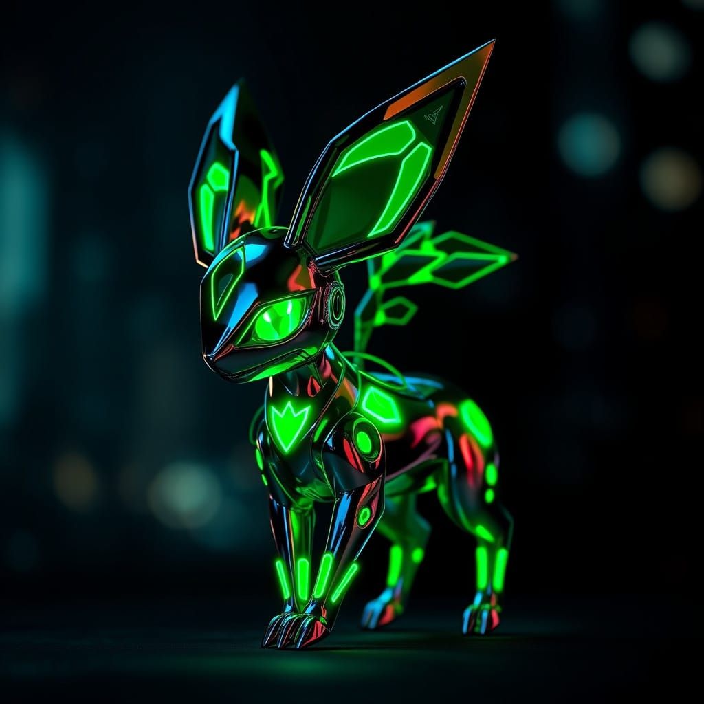 Cyberpunk Leafeon Pokémon in Neon-Lit Cityscape - AI Art