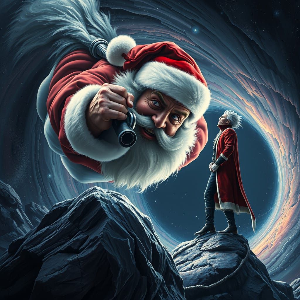 A funny image of a petrified Movie 3 Santa Claus trapped in a black ...
