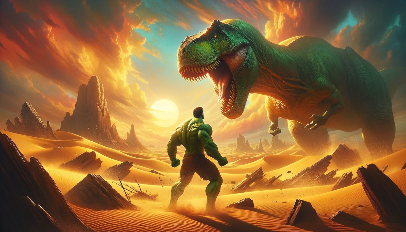 T-Rex and Hulk in a breathtaking desert landscape starting a battle