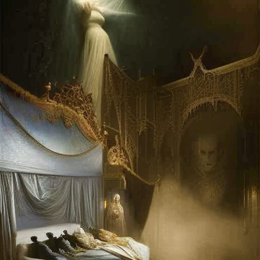 Terrifying ghostly image. frightening ghost towering over a bed. horror ...