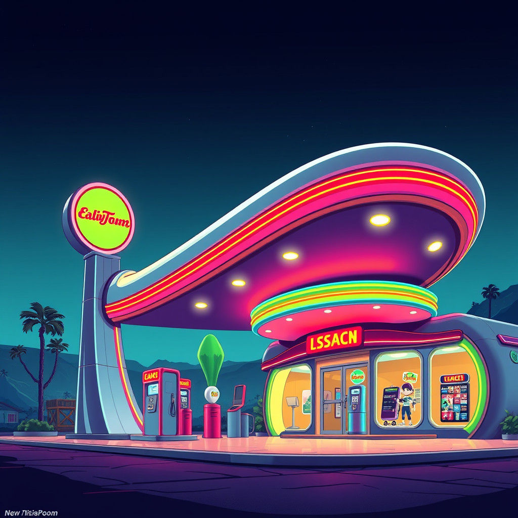 Retro-Futuristic Alien Gas Station in Vibrant Neon - AI Art