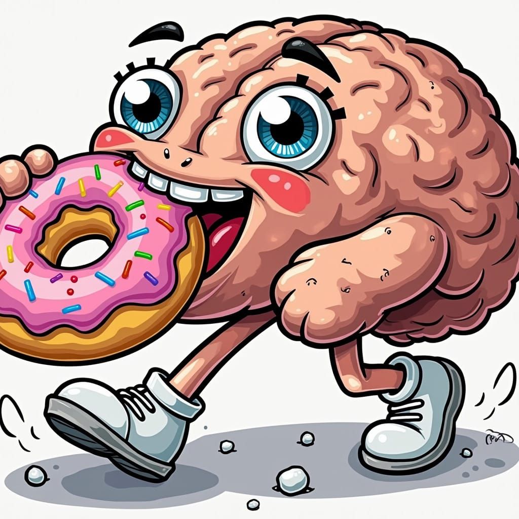 Jovial Brain Eats Donut in Playful Cartoon Pose - AI Art