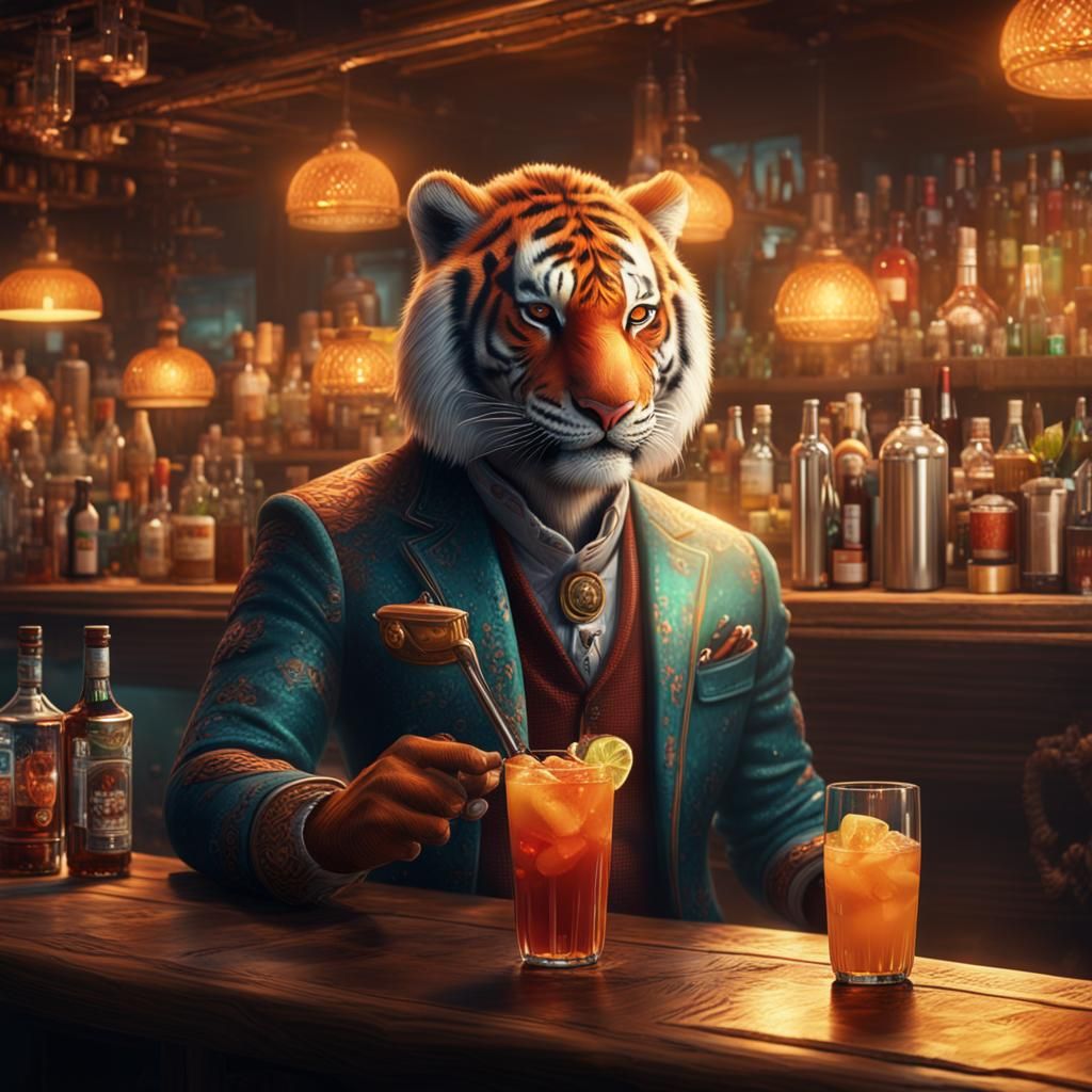 Smiling humanoid tiger mixing drinks at a bar - AI Generated Artwork ...